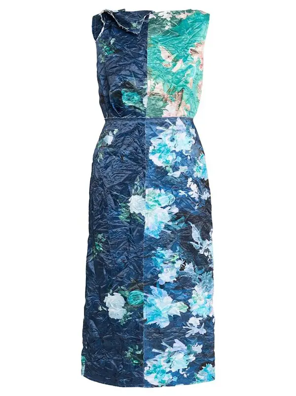 Erdem Reconstructed Crinkle Satin Sleeveless Midi Dress - Painted Bloom Navy