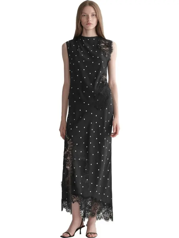 A.L.C. Olivia Polka Dot Crepe Midi Skirt With Lace - Black/cream