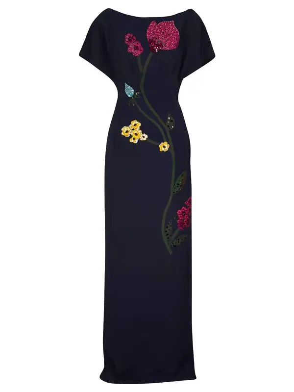 Lela Rose Savannah Floral-embellished Maxi Dress - Blue