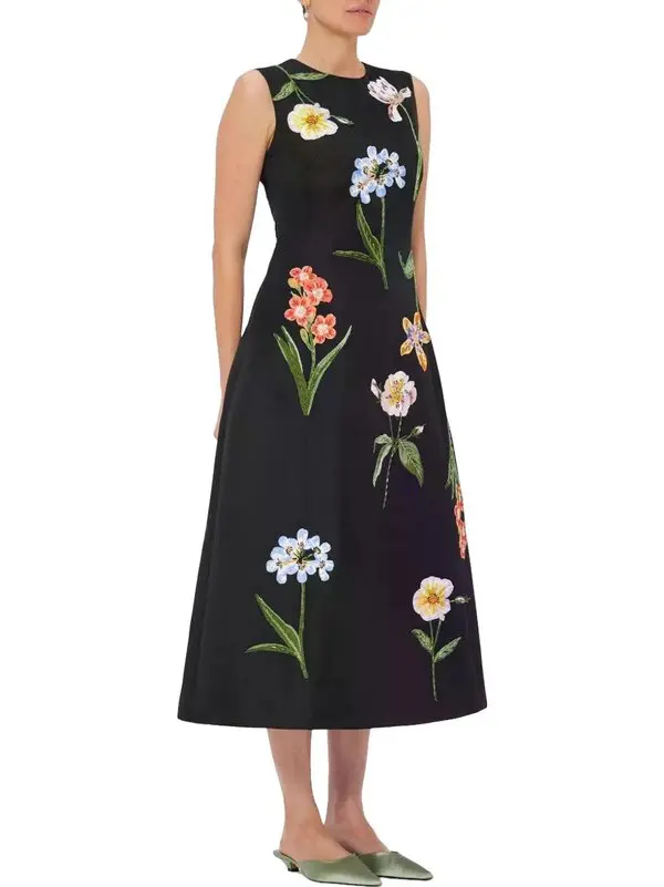 LEO LIN Floral Embroidered Midi Dress - Black