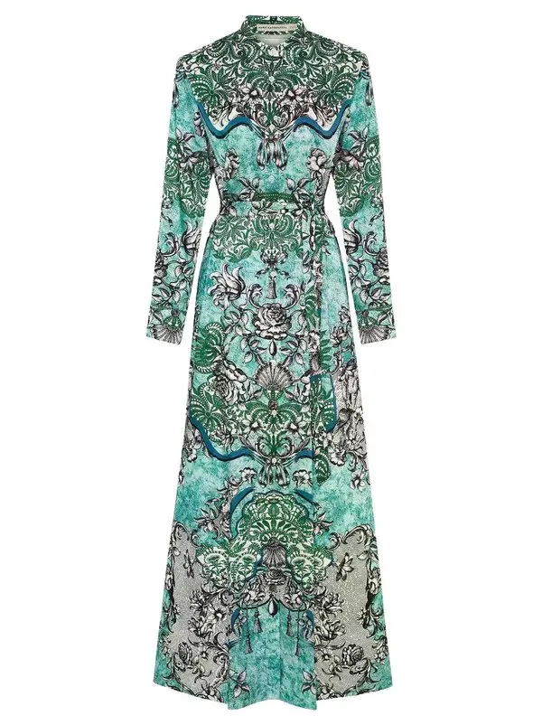 MARY KATRANTZOU Torino Lace-print Belted Maxi Dress - Blue