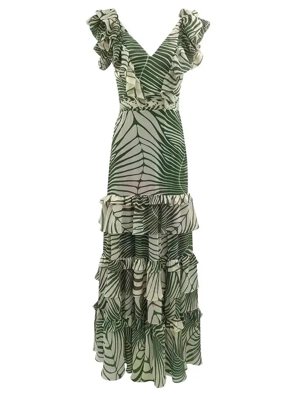 ANDRES OTALORA Mesay Leaf-print Ruffled Maxi Dress - Green
