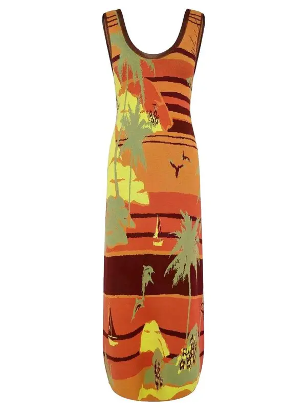 ALEMAIS Palm Island Print Midi Dress - Orange