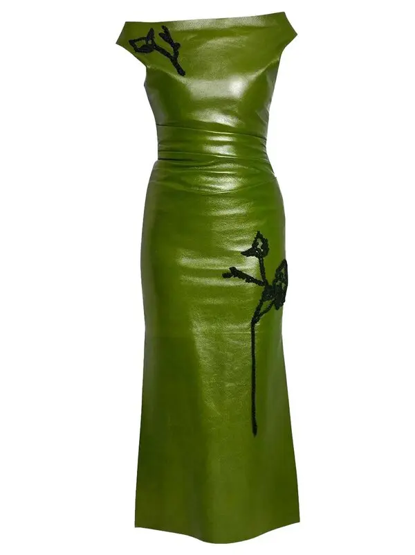 Erdem Embroidered Off-shoulder Leather Midi Dress - Green