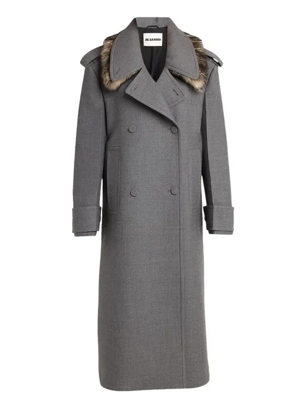 JIL SANDER Wool Long Coat With Detachable Shearling Collar - London Fog