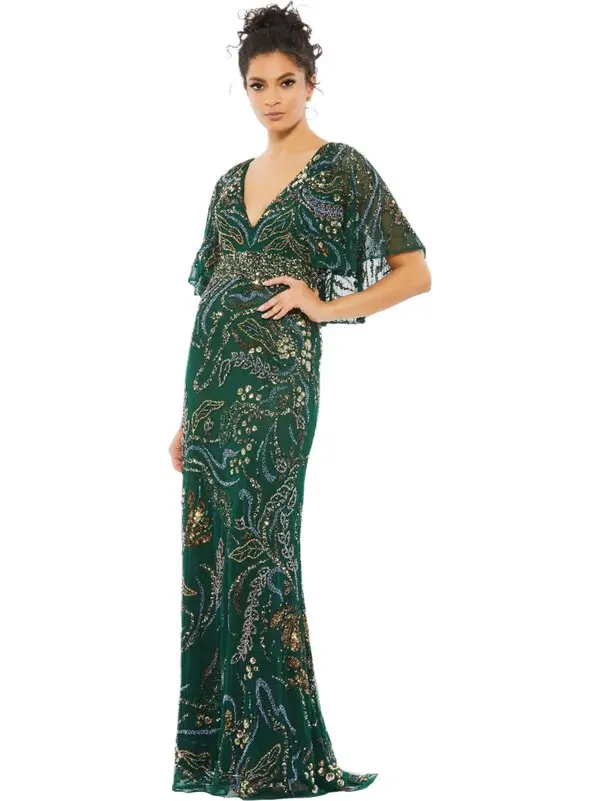 Mac Duggal Embellished V-neck Cape Sleeve Column Gown - Emerald