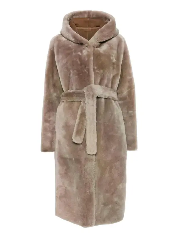 LISKA Hooded Belted Shearling Coat - Brown