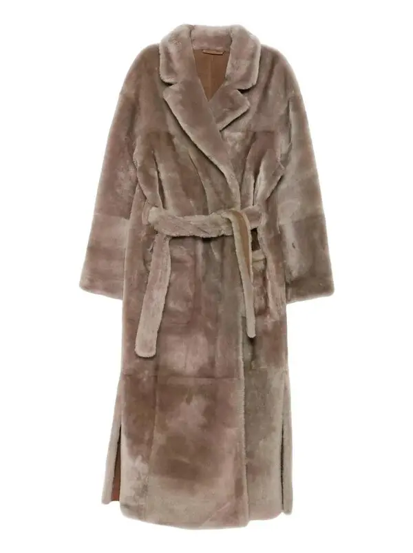LISKA Belted Shearling Coat - Brown