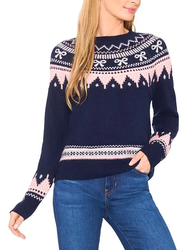 CECE DUPRAZ Fair Isle Crewneck Sweater With Ribbon - Classic Navy