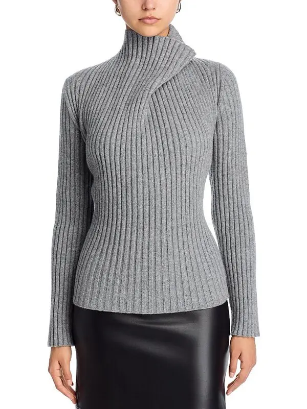 Victoria Beckham Draped Wool Blend Turtleneck Sweater - Grey Melange