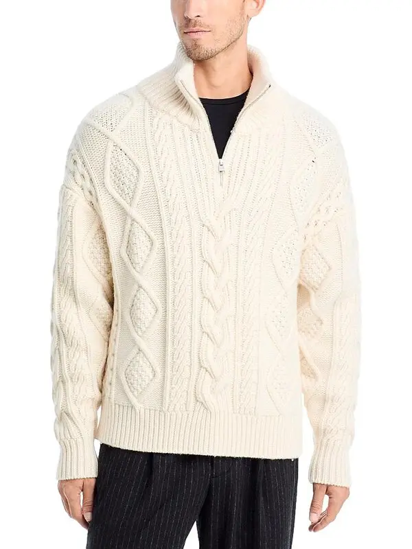 FRAME Wool And Cashmere Chunky Cable Knit Half Zip Sweater - Cream
