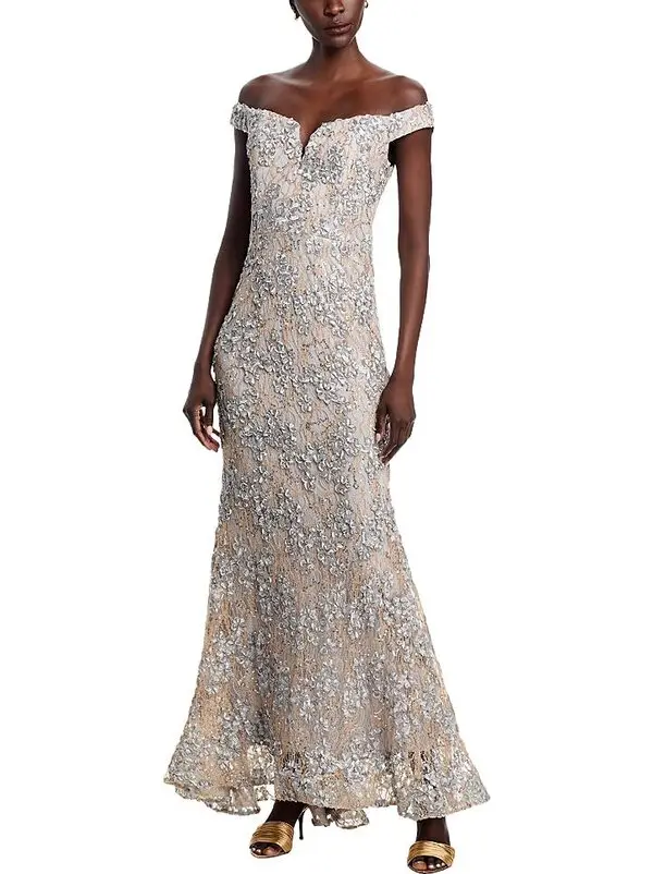 Aqua Off-the-shoulder Embellished Lace Gown - Gold/silver