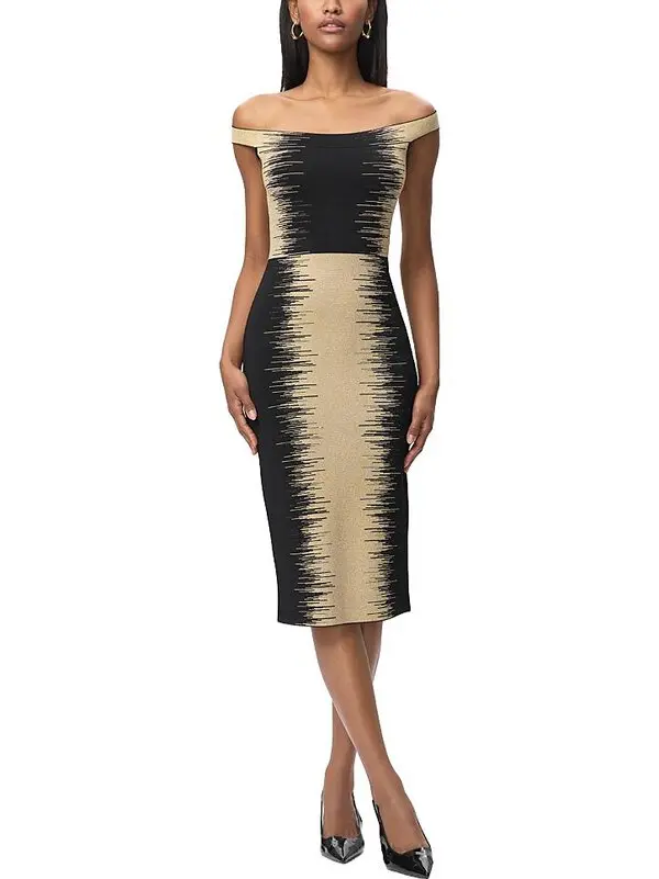 Herve Leger Arwen Off-shoulder Intarsia Knit Midi Dress - Black Met Gold