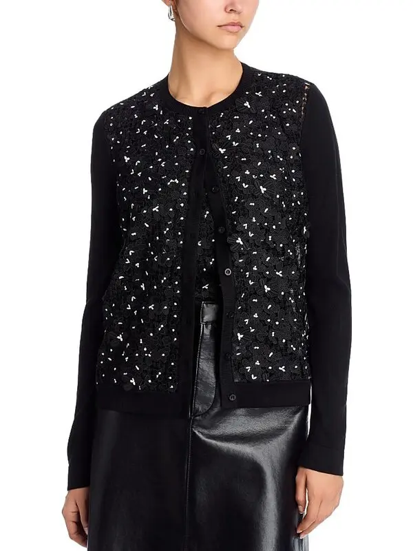 Oscar De La Renta Crewneck Cardigan Sweater - Balck/ White