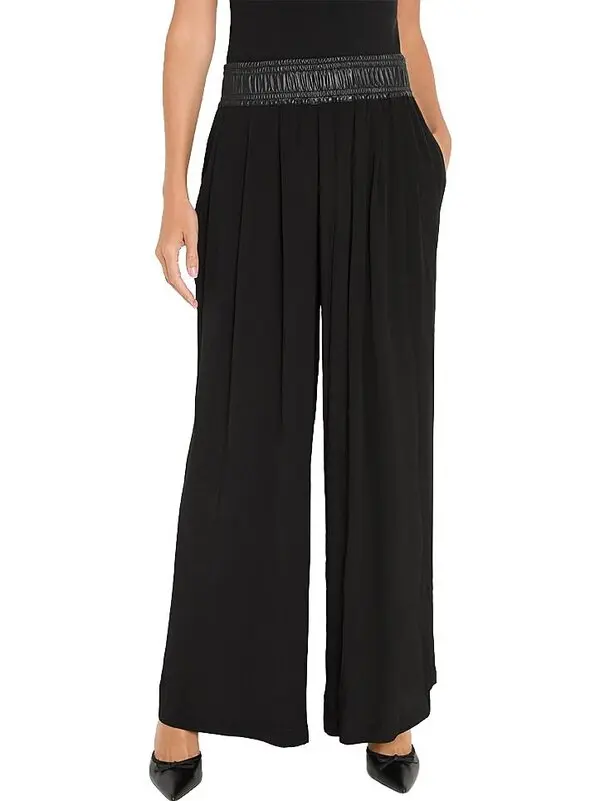 NIC+ZOE Faux Leather Waistband Wide Leg Pants - Black Onyx