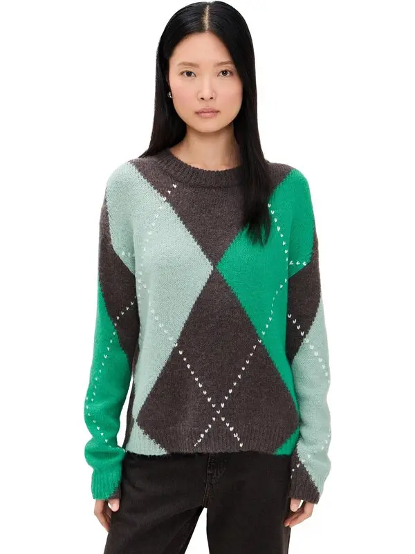 LITTLE LIES Argyle Knit Sweater - Mint/chocolate Brown