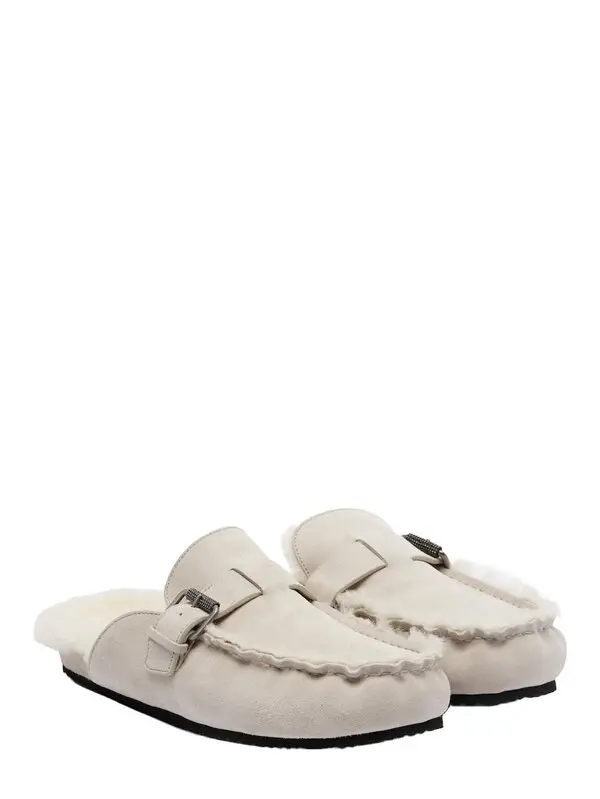 Brunello Cucinelli Monili Shearling-lined Suede Mules - Grey