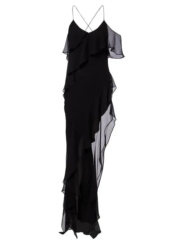 THE SEI Ruffled Silk Chiffon Maxi Dress - Black