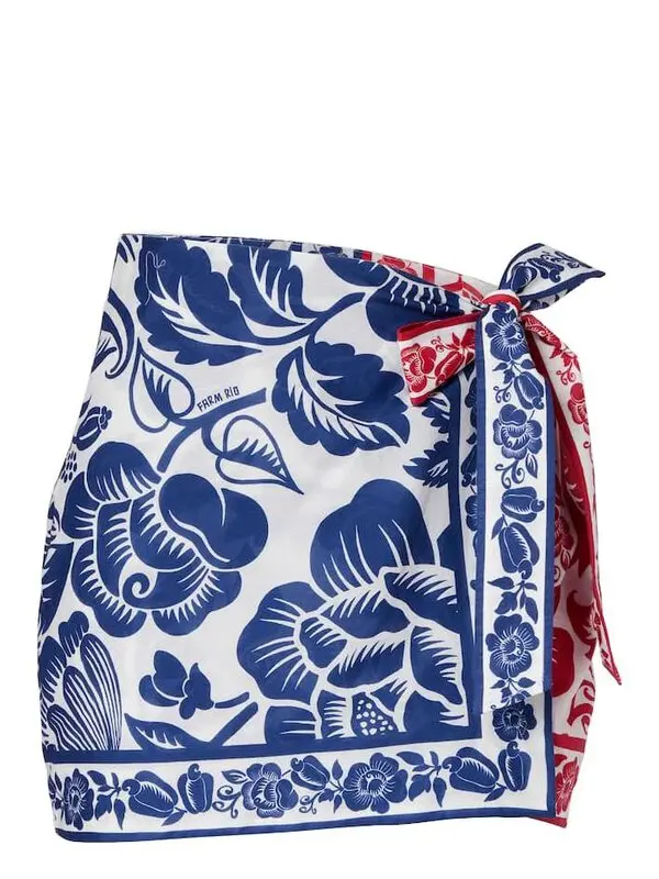 Farm Rio Cashew And Birds Cotton Miniskirt - Blue