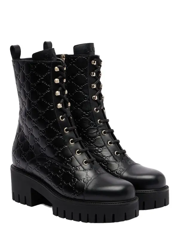 Gucci Gg Leather Lace-up Boots - Black