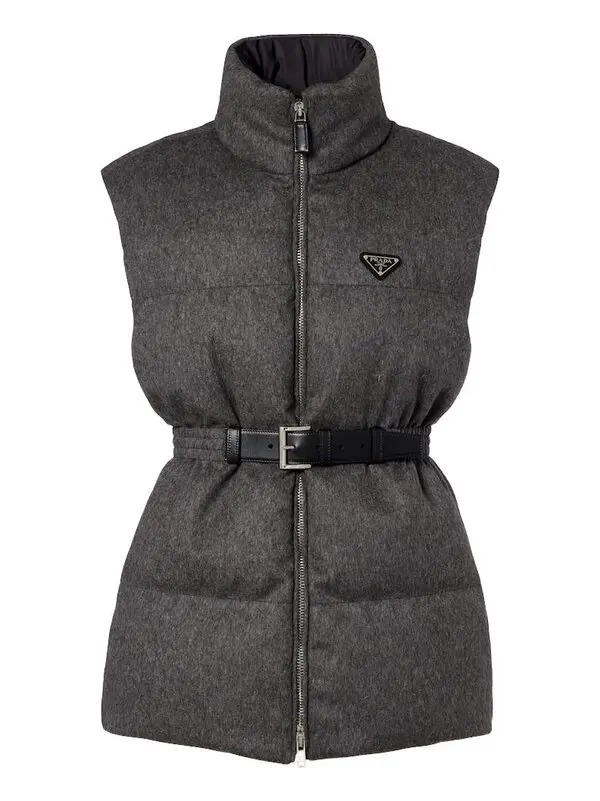 Prada Belted Virgin Wool Down Vest - Grey