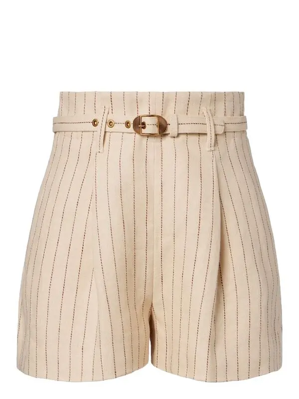 Zimmermann Striped Belted Linen Shorts - Beige