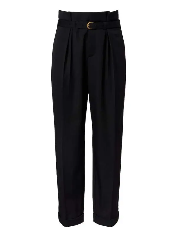 Chloé Belted Pleated Virgin Wool Tapered Pants - Black
