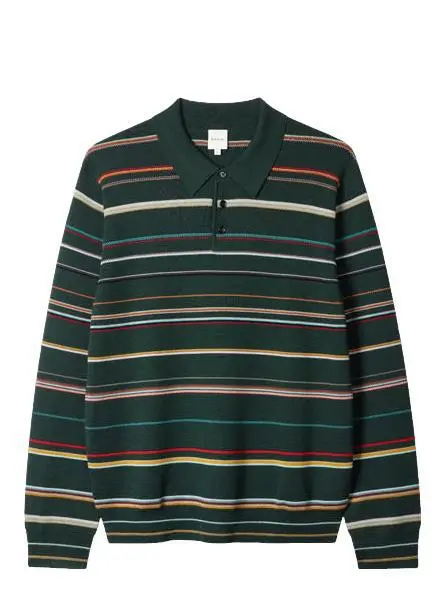 Paul Smith Dark 'signature Stripe' Merino Wool Polo Shirt - Green