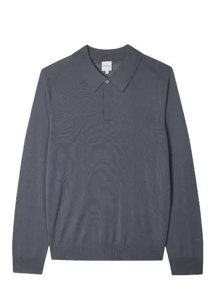 Paul Smith Steel Blue Merino Wool Knitted Long-sleeve Polo Shirt - Grey