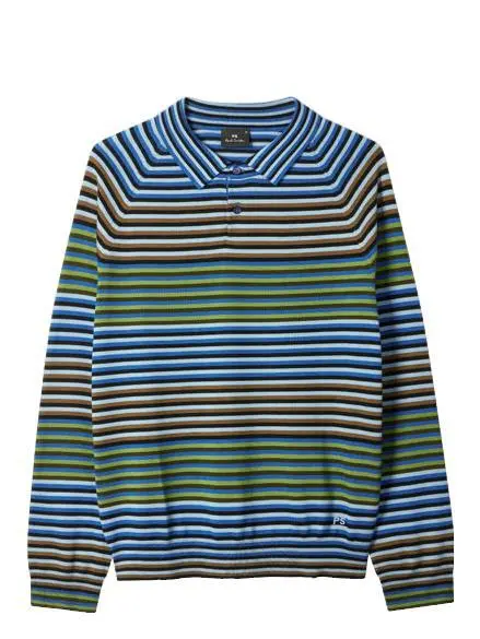 Paul Smith And Green Stripe Merino Wool Polo Shirt - Blue