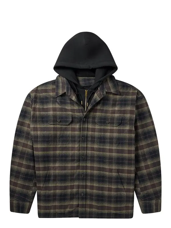 WILLY CHAVARRIA Ganadero Oversized Layered Checked Cotton-flannel And Jersey Hooded Overshirt - Green
