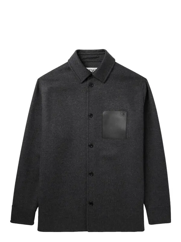Loewe Logo-debossed Leather-trimmed Wool And Cashmere-blend Overshirt - Gray