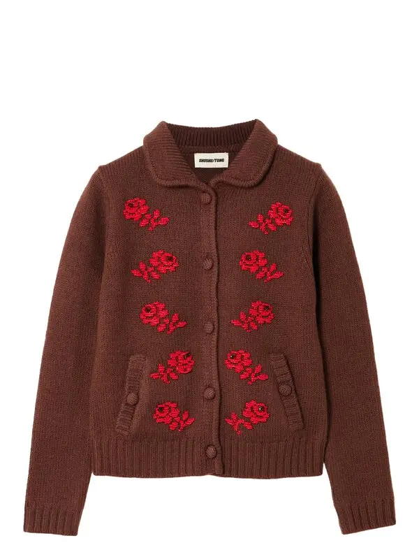 SHUSHU/TONG Bead-embellished Wool Cardigan - Brown