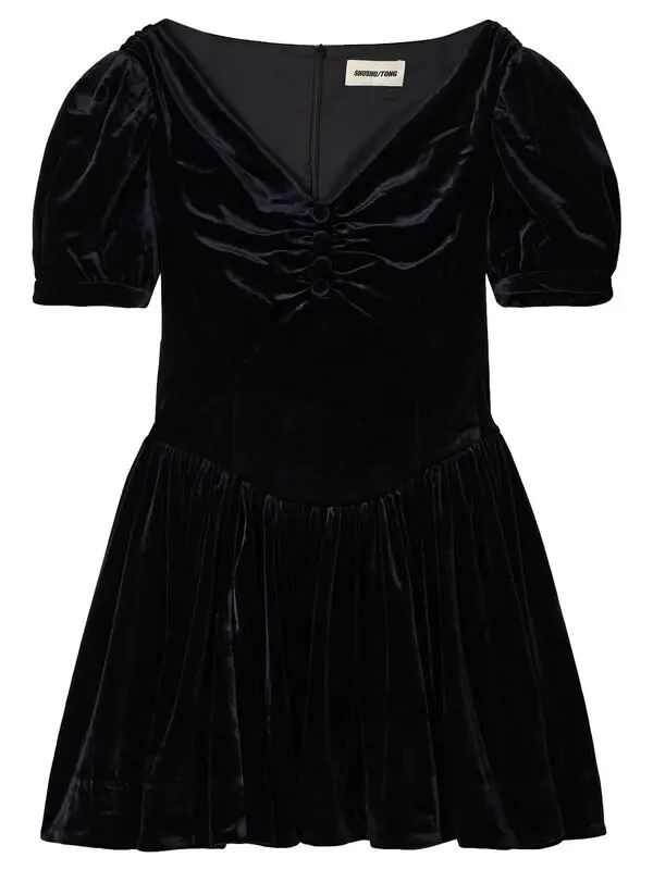 SHUSHU/TONG Gathered Velvet Mini Dress - Black