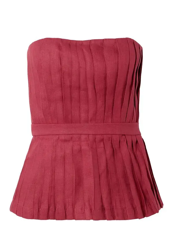 ANDRES OTALORA Encantadora Strapless Belted Pleated Linen Top - Burgundy
