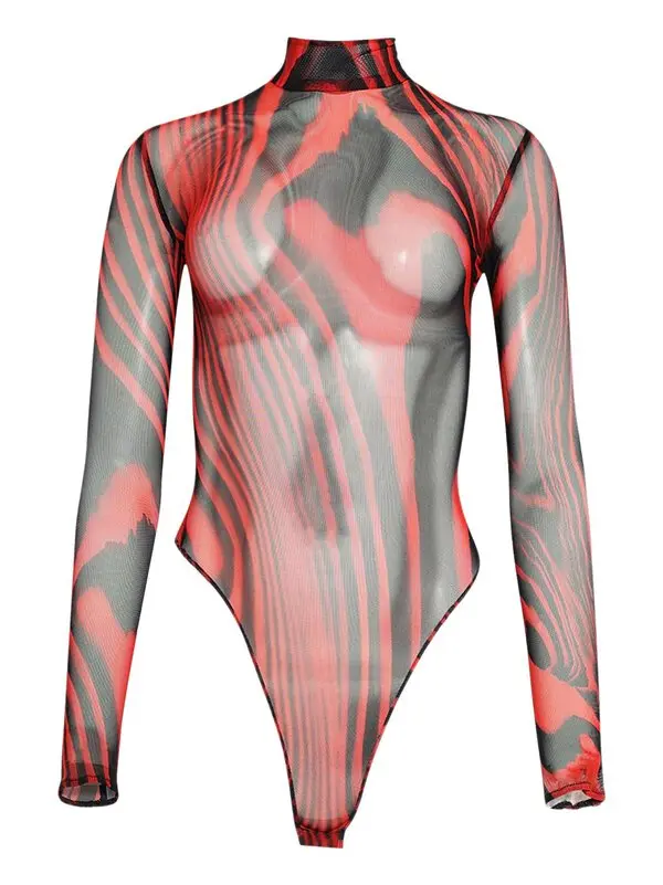 David Koma Long Sleeve Printed Mesh Bodysuit - Red