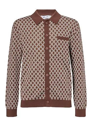 BELIER Block Print Merino Wool Knitted Cardigan - Brown/ecru