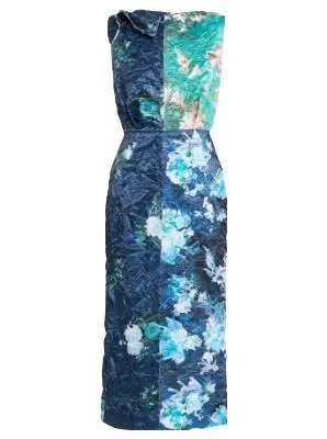Erdem Reconstructed Crinkle Satin Sleeveless Midi Dress - Painted Bloom Navy