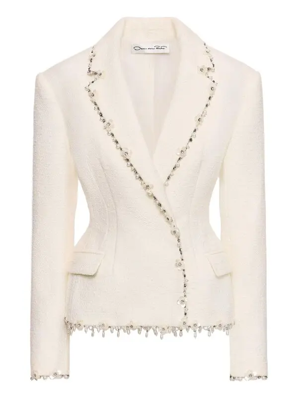 Oscar De La Renta Floral Jeweled Fringe Tweed Jacket - White