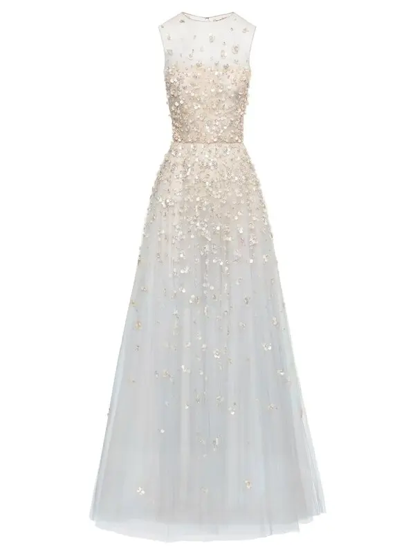 Oscar De La Renta Embroidered Illusion Gown - Blue