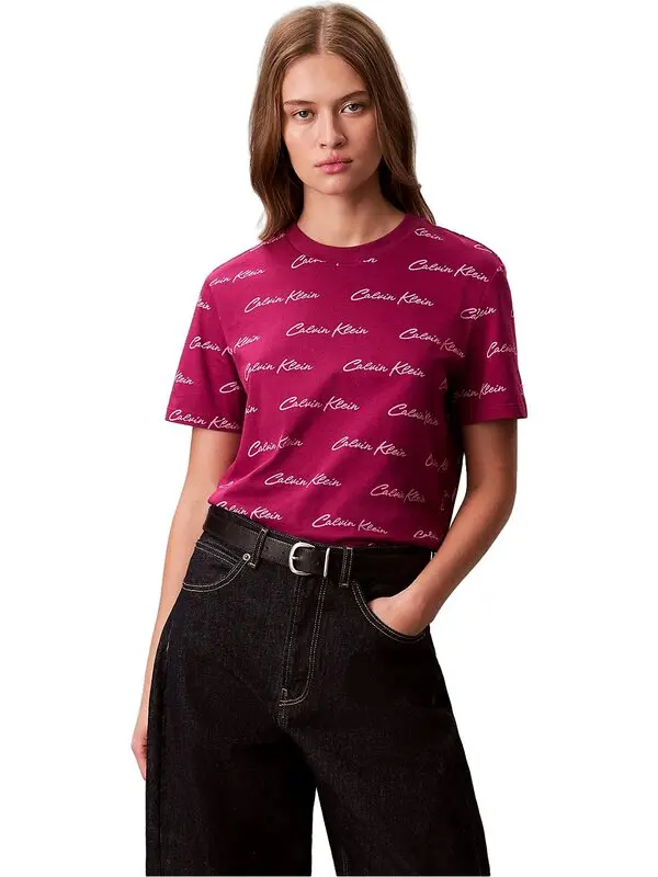 Calvin Klein Allover Script Logo Graphic Classic T-shirt - Fruity Sangria