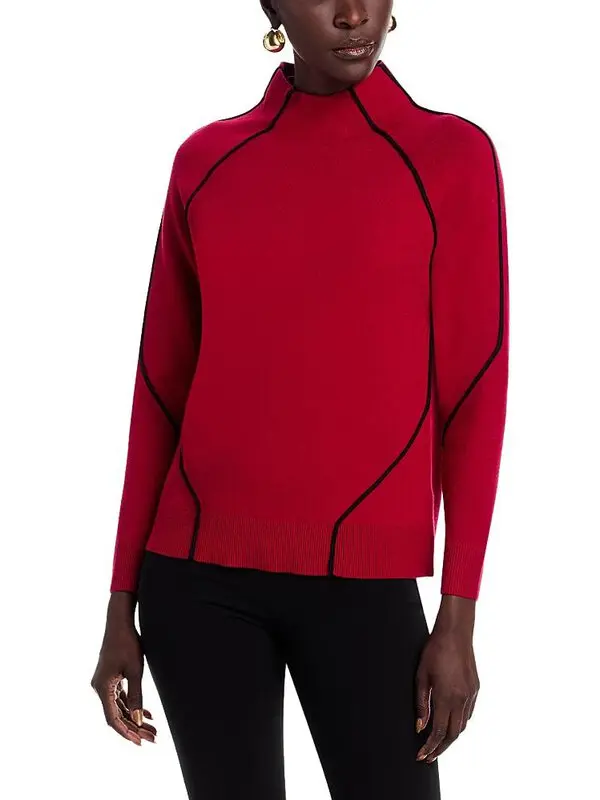 T Tahari Long Sleeve Funnel Neck Contrast Tubular Sweater - Red Point/ Black