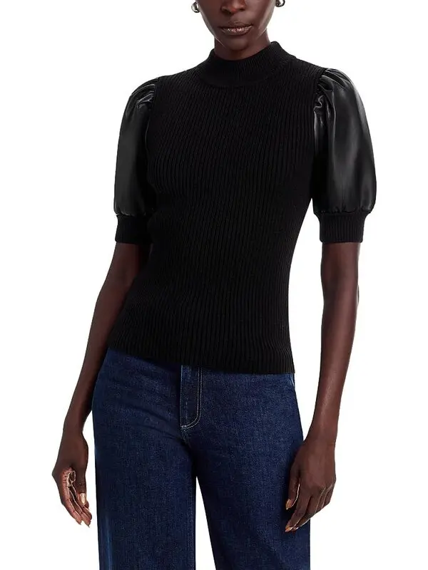 T Tahari Elbow Sleeve Ribbed Pullover With Faux Leather Sleeves - Black