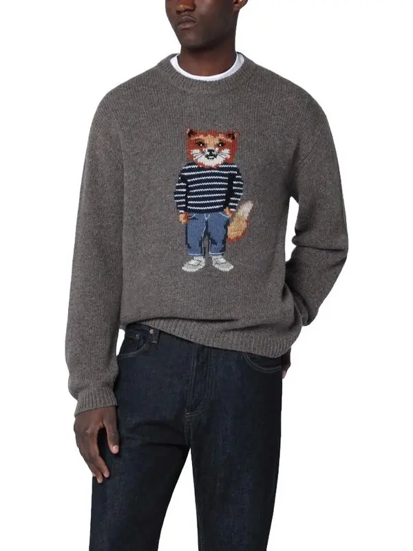 Maison Kitsuné Mélange Sweater With Fox Intarsia - Grey