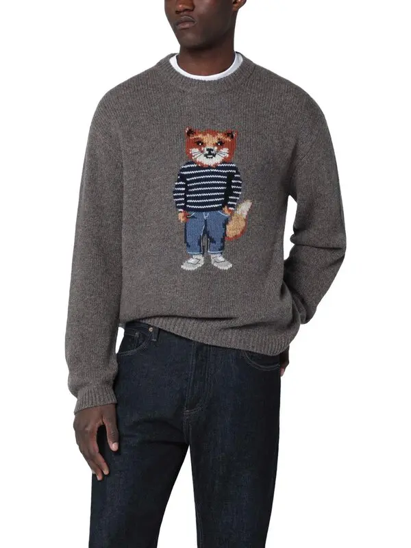 Maison Kitsuné Mélange Sweater With Fox Intarsia - Grey