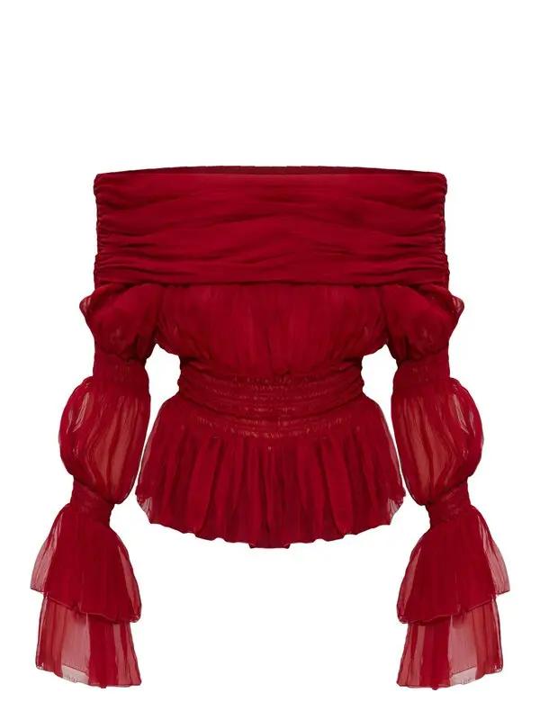 Blumarine Silk Spanish Neckline Top - Red