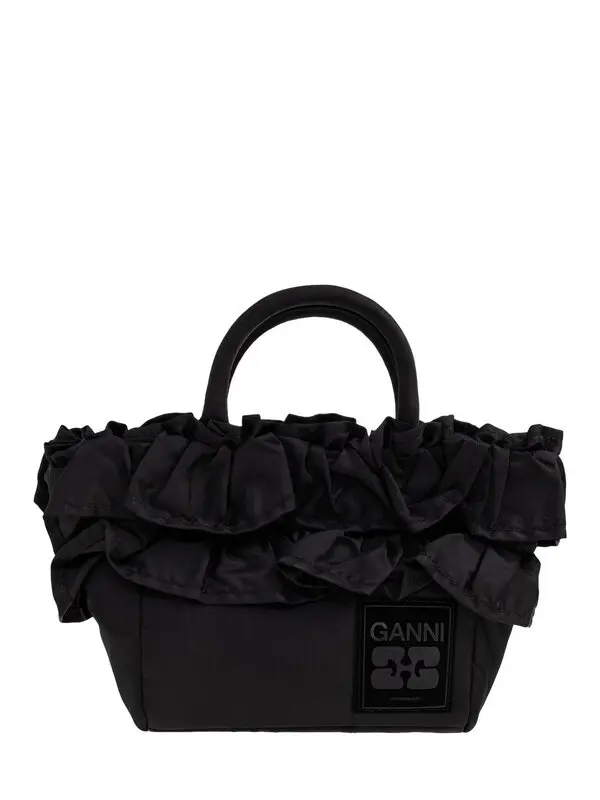 GANNI Trapezoid Handbag With Ruffle Detail - Black