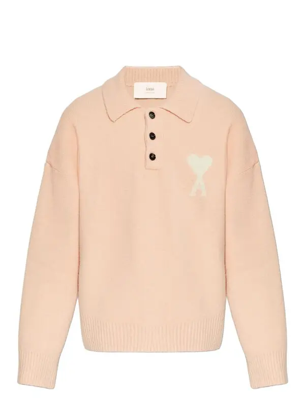 Ami Polo Sweater With Logo - Pink