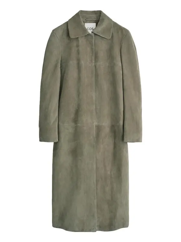 Cos Collared Suede Long Coat - Green