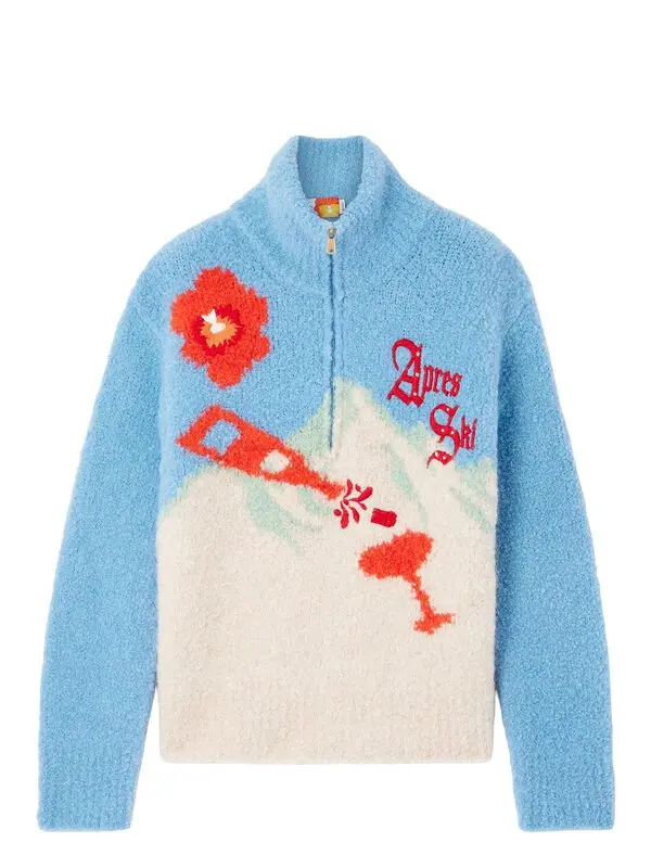 WE NORWEGIANS Markarian Embroidered Bouclé Half-zip Sweater - Light Blue